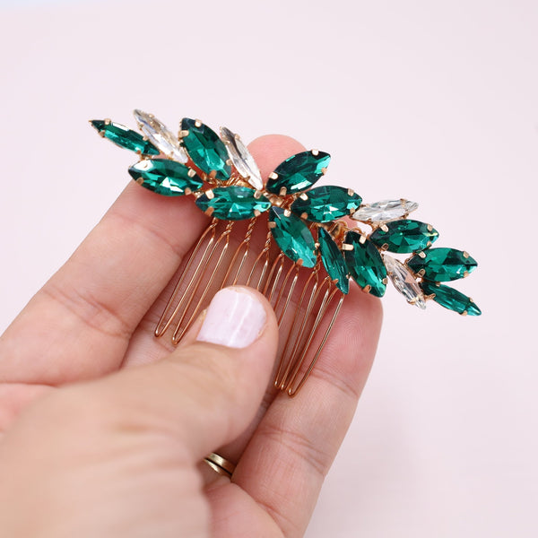 Emerald Green Side Decorative Rhinestone Leaf Hair Comb | Symila Fashion