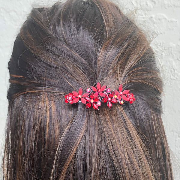 Red Floral Crystal Hair Barrette | Symila Fashion